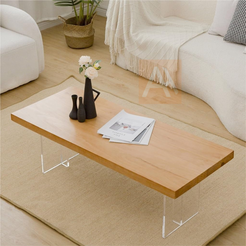 Aerric 160cm Extra-Long Modern Coffee Table – Solid Wood Top With Acry ...