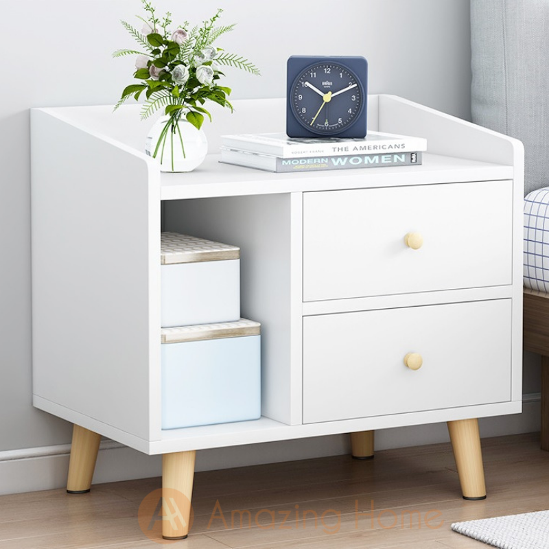 Elmo White 2 Drawer & Shelf Bedside Table Bedside Cabinet With Legs ...
